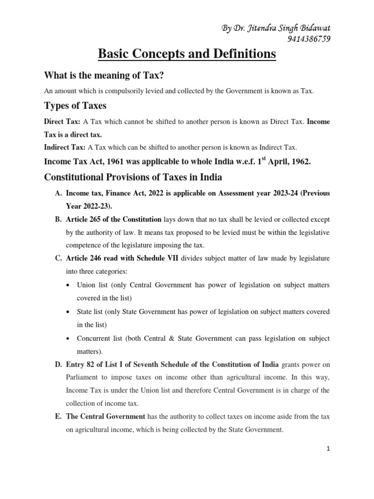 Basic Concepts & Definations Income Tax Act | PDF | Income Tax | Taxes