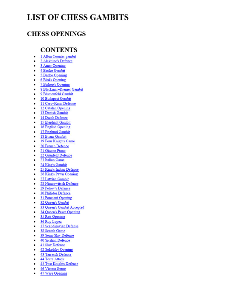 List of Chess Gambits | PDF | Chess Openings | Chess Theory