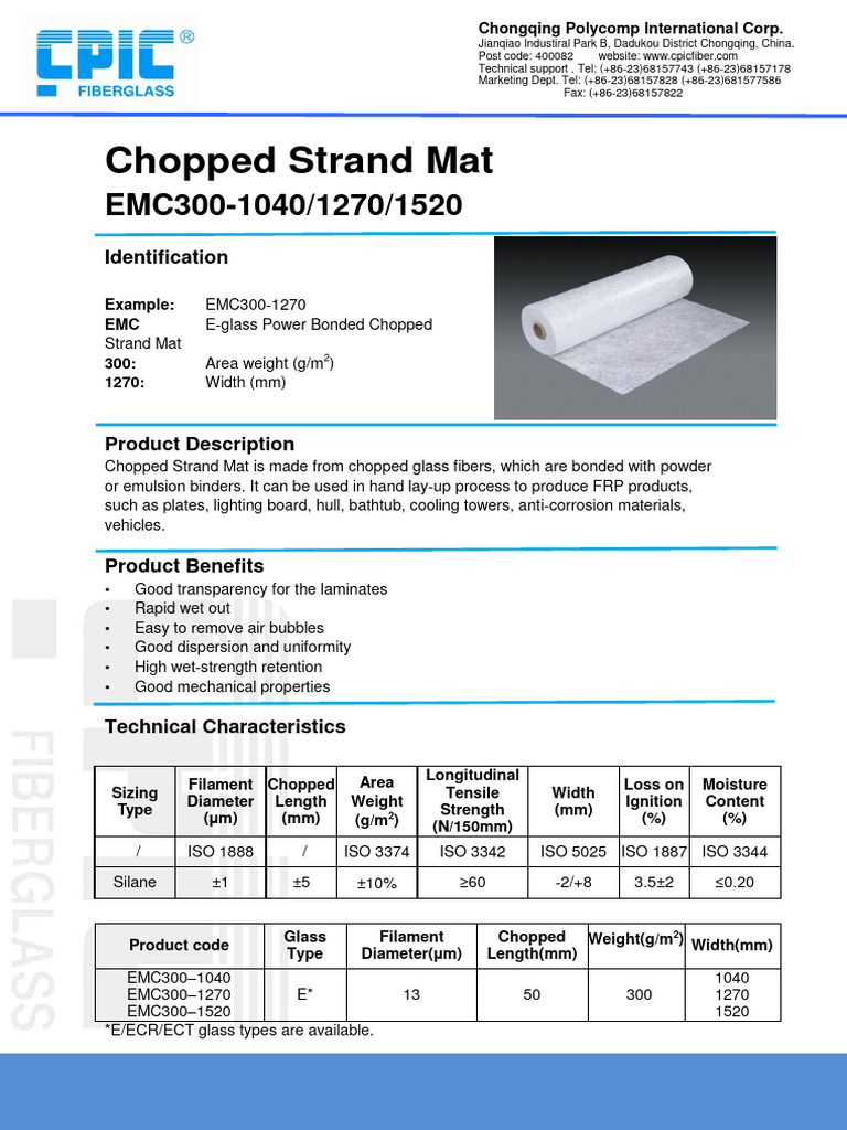 Chopped Strand Mat Specifications and Benefits | PDF | Fiberglass ...