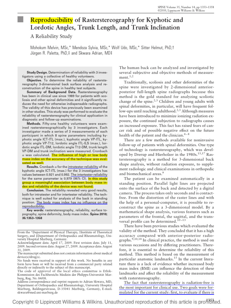 Reproducibility of Rasterstereography For Kyphotic and Lordotic Angles ...