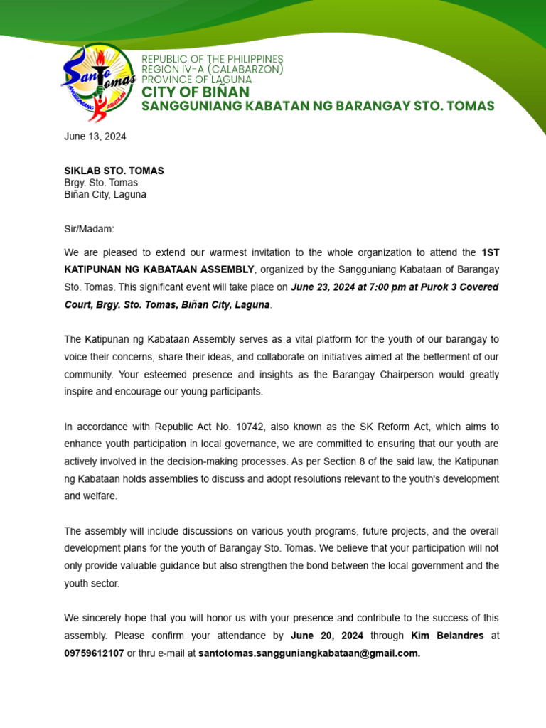 Invitation to 1st SK Assembly | PDF