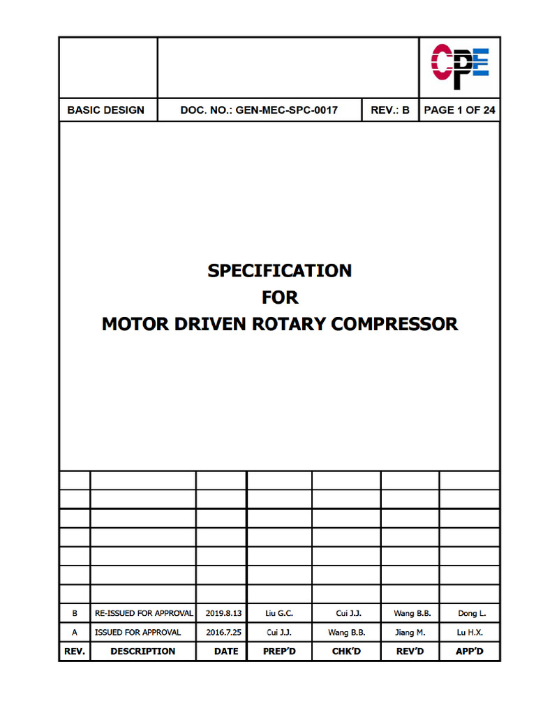 GEN-MEC-SPC-0017 Specification For Motor Driven Rotary Compressor | PDF