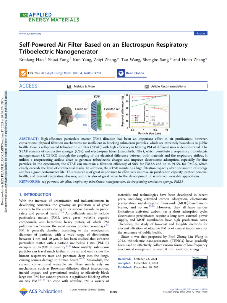 Hao Et Al 2021 Self Powered Air Filter Based On An Electrospun ...