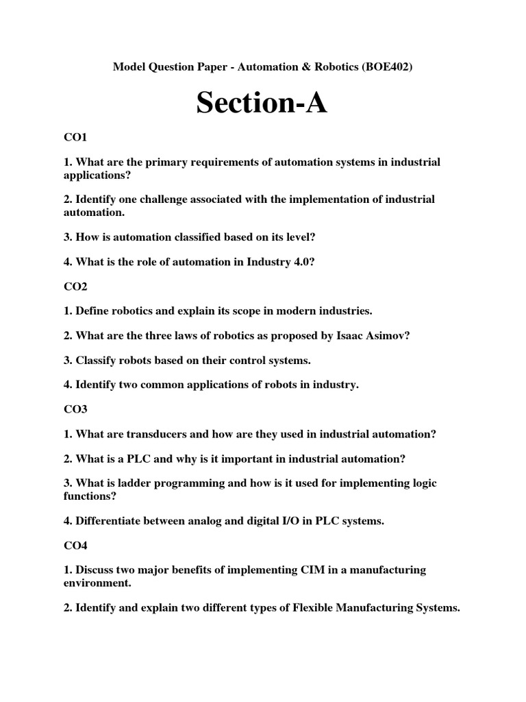 Model Question Paper Solution Section A Automation & Robotics (BOE402) | PDF | Programmable ...