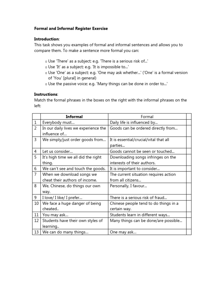 Formal and Informal Register Exercise | PDF | Subject (Grammar) | Human ...