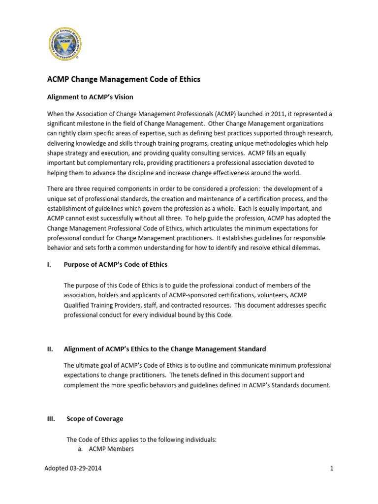 ACMP Code of Ethics 2014 | PDF | Change Management | Disciplines