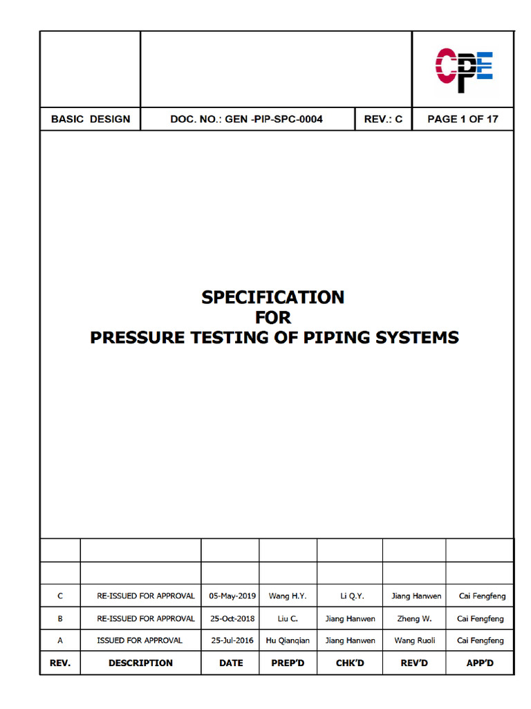 GEN-PIP-SPC-0004 Specification For Pressure Testing of Piping Systems | PDF
