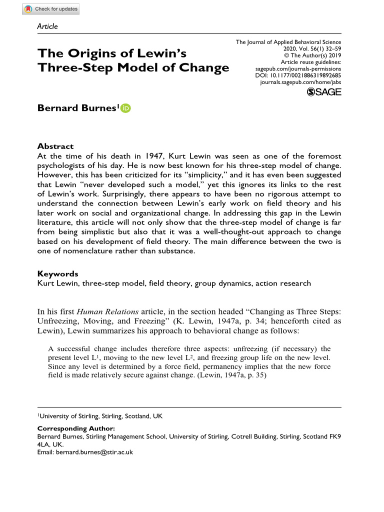 Burnes 2019 The Origins of Lewin S Three Step Model of Change | PDF ...