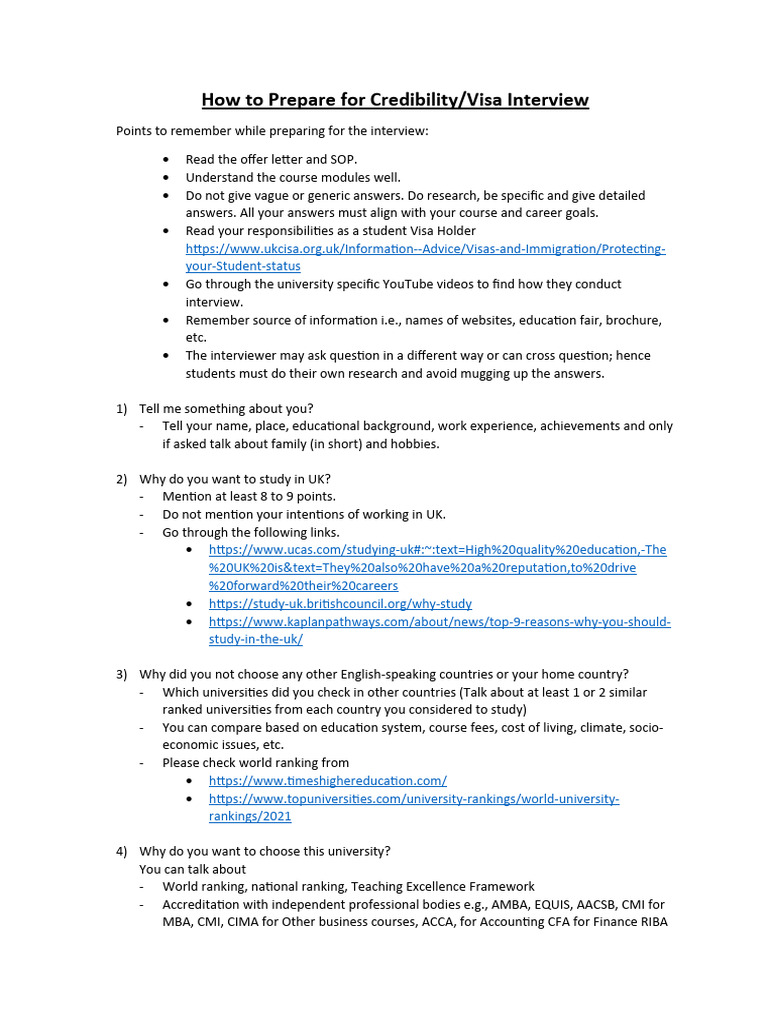 How To Prepare For Credibility Visa Interview | PDF | Cost Of Living | Bachelor's Degree