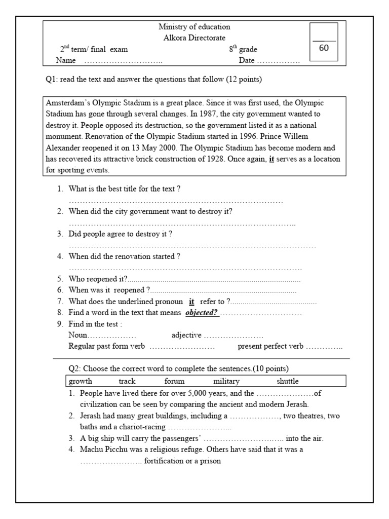 8th Grade Final Exam: English Skills | PDF | Carpet | Linguistics