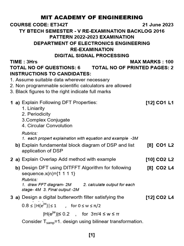 Et342t - Digital Signal Processing | PDF | Digital Signal Processing | Discrete Fourier Transform