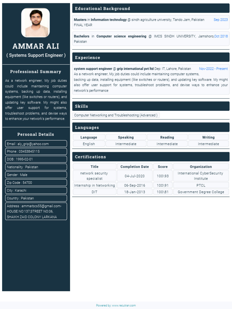 Rozee CV 183850426 5114652 Ammar Ali | PDF | Information Technology | Computer Engineering