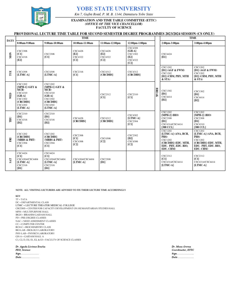 Provisional 23-24 Second Semester Lecture TT (CS ONLY) | PDF