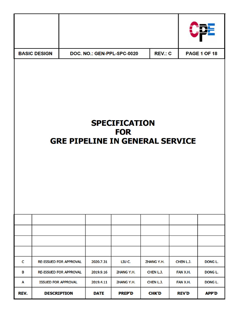 GEN-PPL-SPC-0020 Specification For GRE Pipeline in General Service | PDF