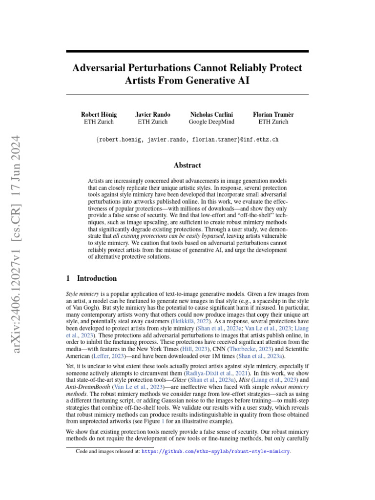 Adversarial Perturbations Cannot Reliably Protect Artists From Generative AI | PDF | Artificial ...