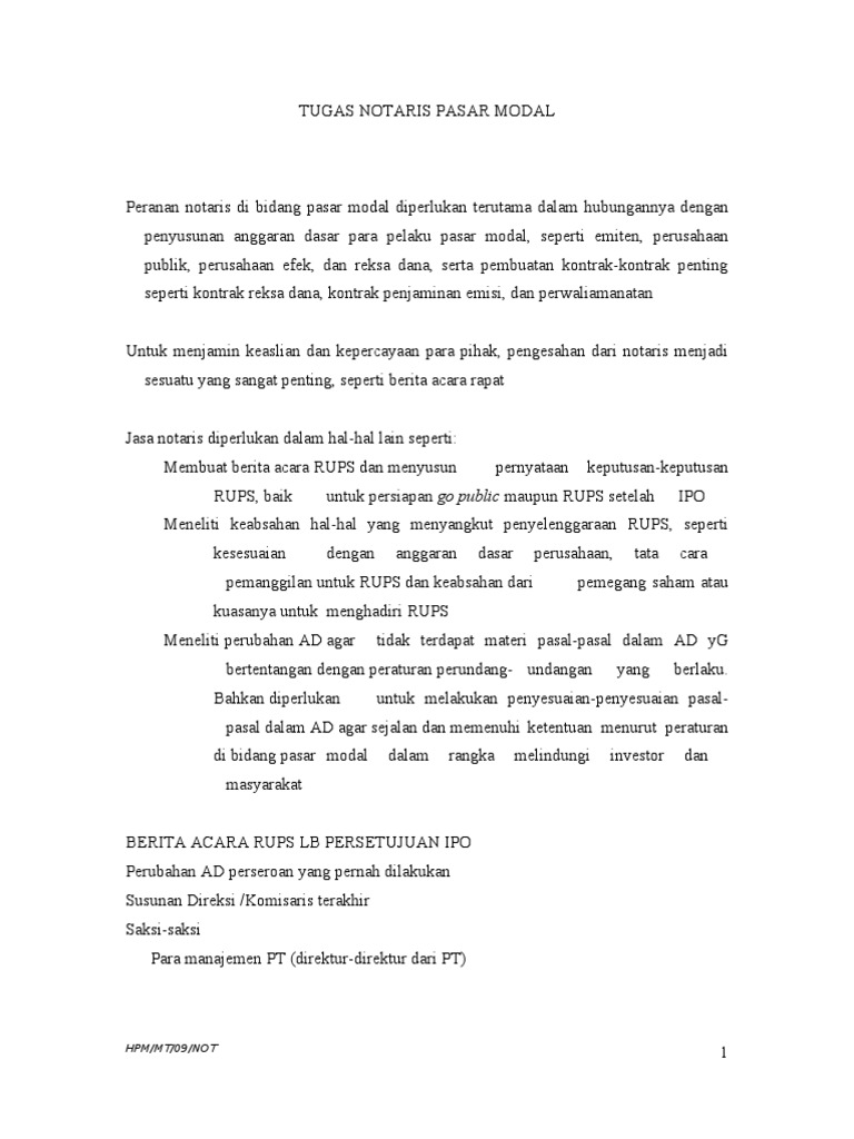TUGAS Notaris Dalam Pasar Modal | PDF | Pengelolaan Keuangan & Uang | Hukum