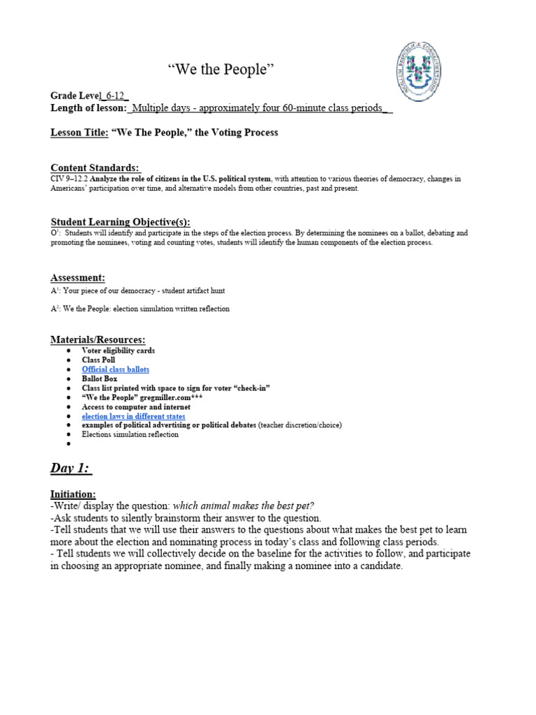 Voting Process Lesson for Grades 6-12 | PDF | Elections | Voting