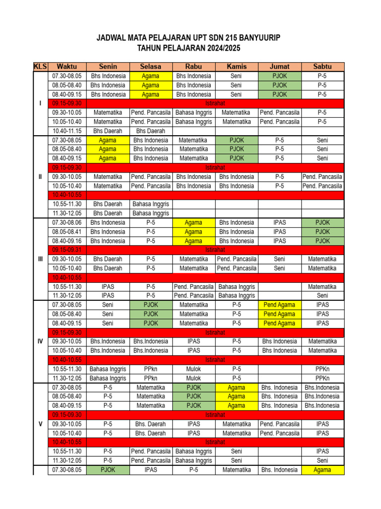 ROSTER KUMER SDN 215 TAHUN 2024-2025.xlsx - JADWAL KUMER VERSI-2 | PDF