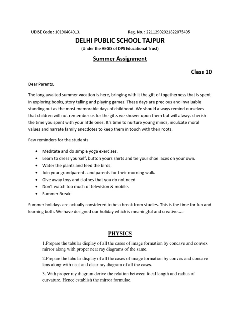 Class 10 Summer Assignment | PDF
