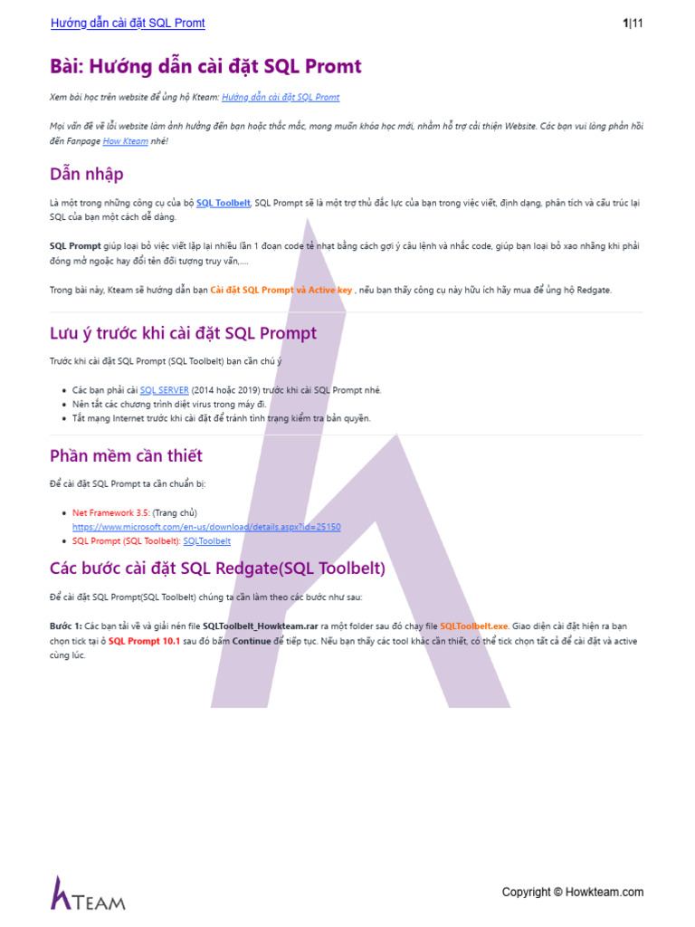 Howkteam.vn - Hướng Dẫn Cài Đặt SQL Promt | PDF