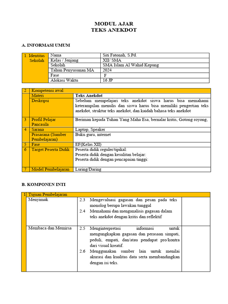 Modul Ajar Bahasa Jawa XII Bab 2 Teks Anekdot - Salin | PDF