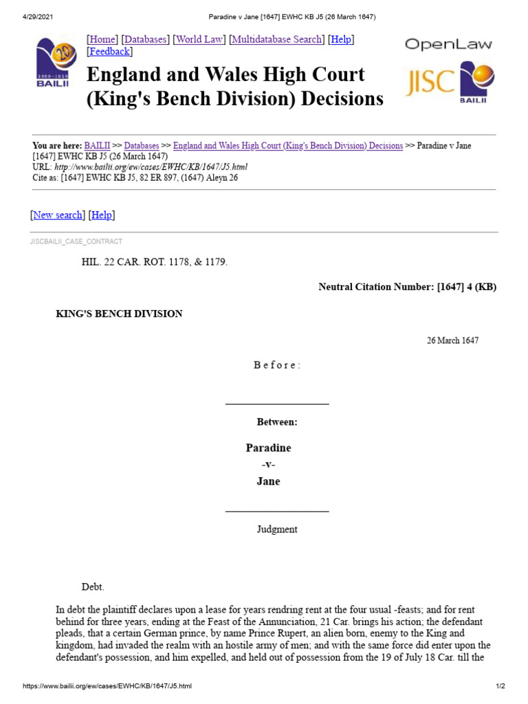 Paradine V Jane (1647) EWHC KB J5 (26 March 1647) | PDF | Common Law ...