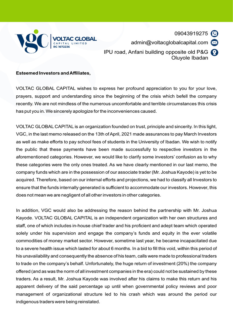 VOLTAC Global Capital Investor Update | PDF | Investing | Interest