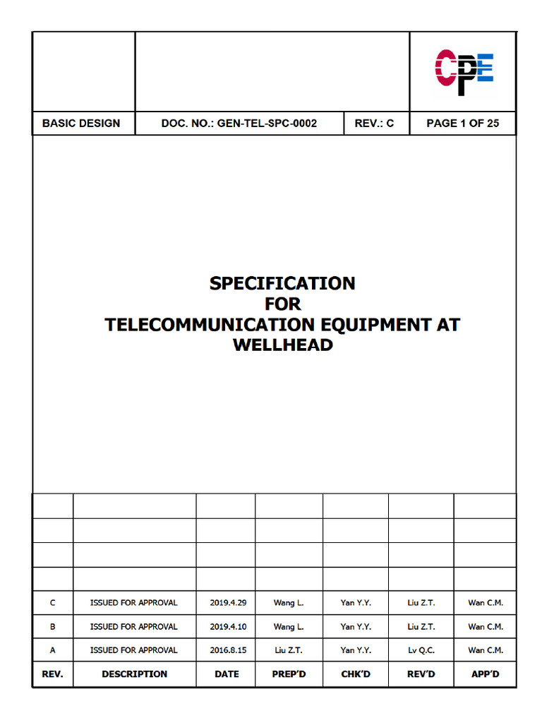 GEN-TEL-SPC-0002 Specification For Telecommunication Equipment at Wellhead | PDF