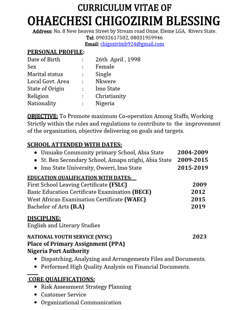 CV of Ohaechesi Chigozirim Blessing | PDF | Career & Growth