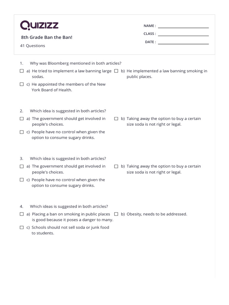 8th Grade Ban the Ban! Print - Quizizz | PDF | Soft Drink | Tobacco Smoking