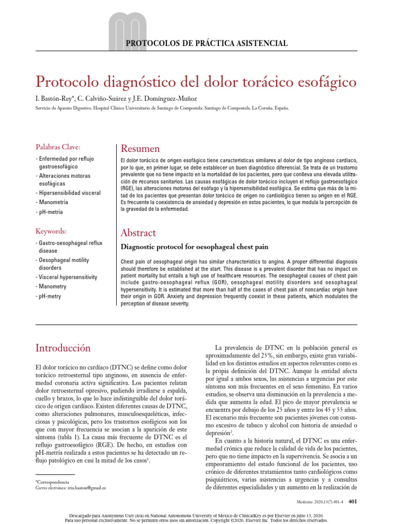 Protocolo Diagnóstico Del Dolor Torácico Esofágico | PDF | La ...