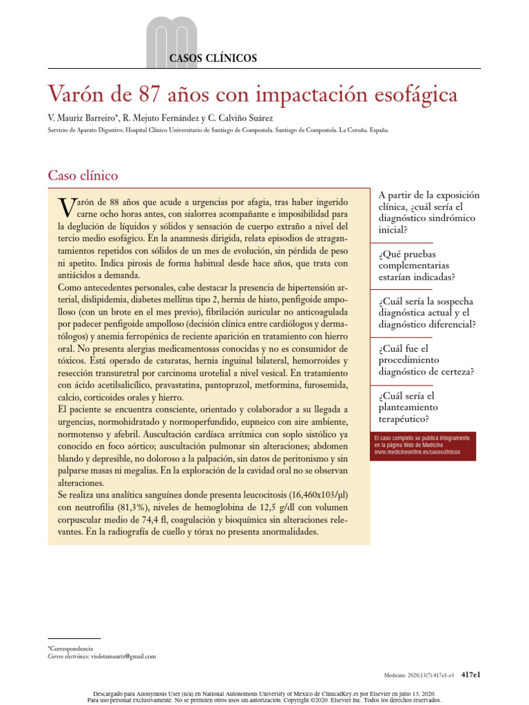 Varón de 87 Años Con Impactación Esofágica | PDF | Medicina CLINICA ...