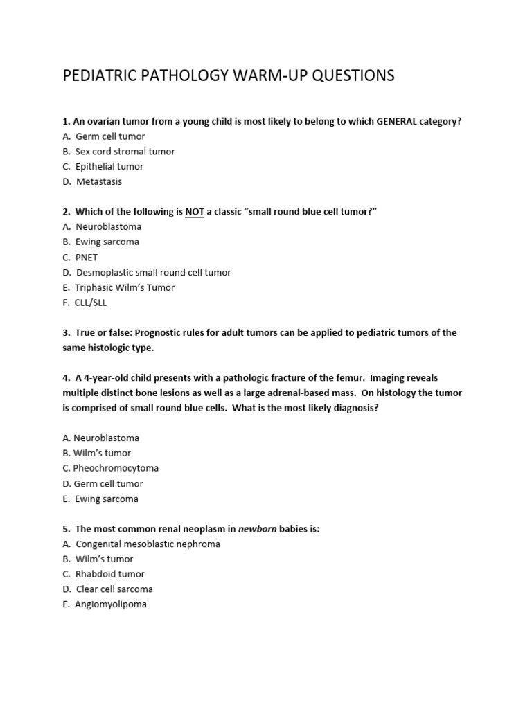 Pediatric Pathology Quiz Questions | PDF | Ovarian Cancer | Cancer