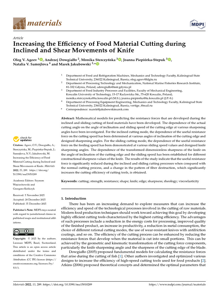 Increasing the Efficiency of Food Material Cutting During Inclined and Shear Movements of Knife ...