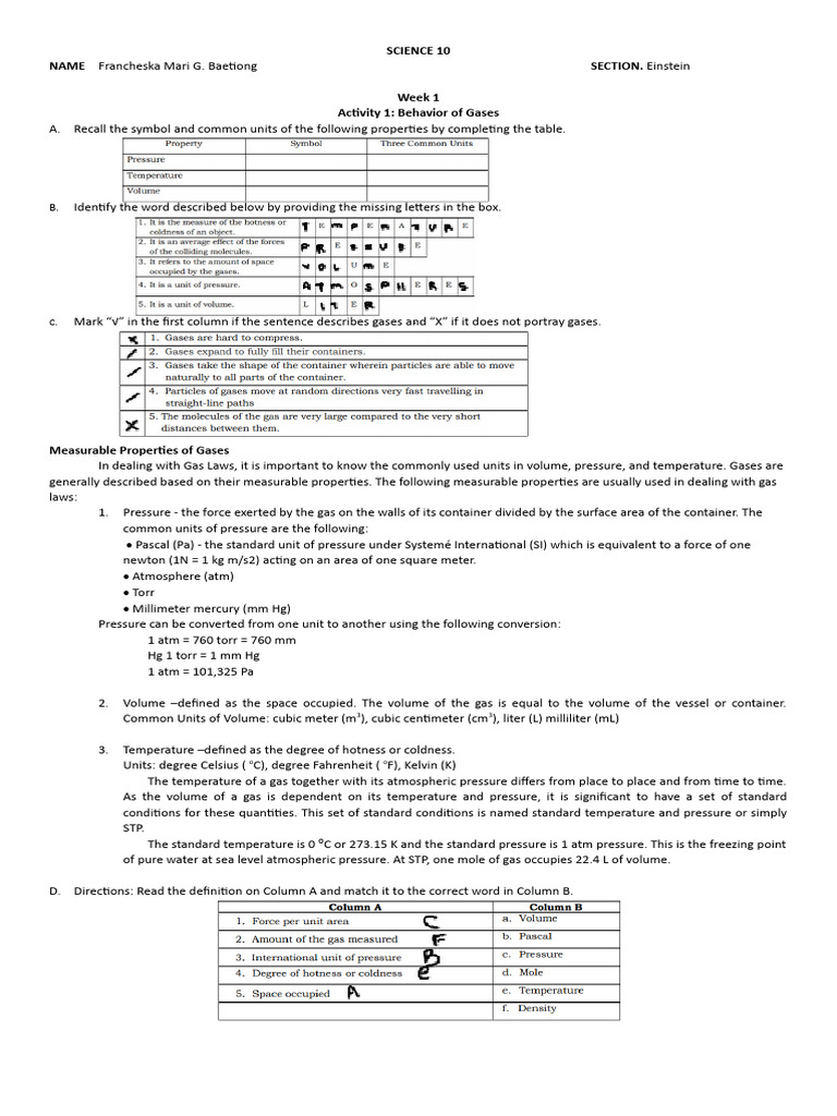Worksheet Properties of Gases | PDF | Pressure | Gases