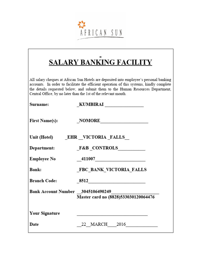 Salary Banking Facility Form | PDF
