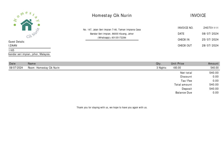 Homestay Cik Nurin: Invoice | PDF