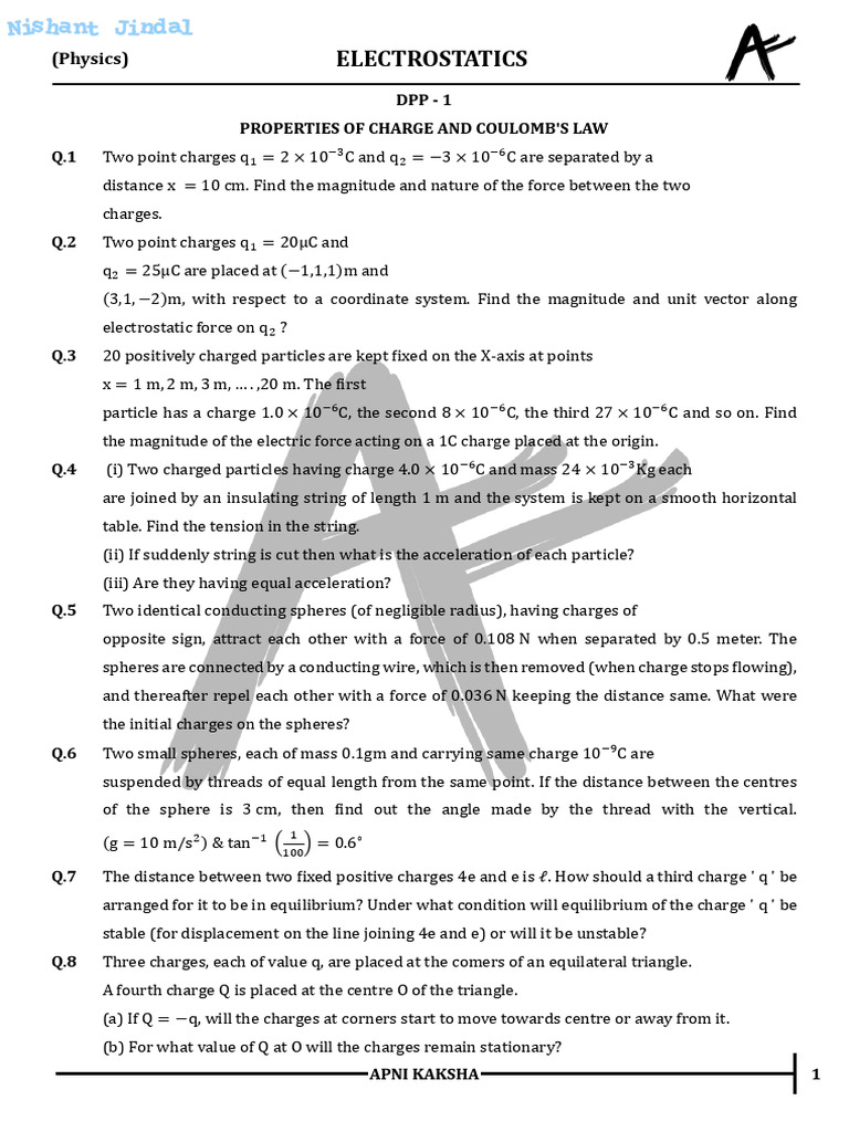 DPP - 01 Electrostatics | Download Free PDF | Force | Electrostatics
