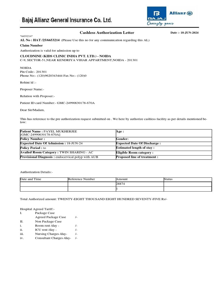 Authorization Letter | PDF | Insurance | Hospital