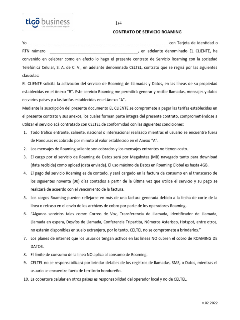 Contrato de Servicio Roaming CELTEL | PDF | Itinerancia