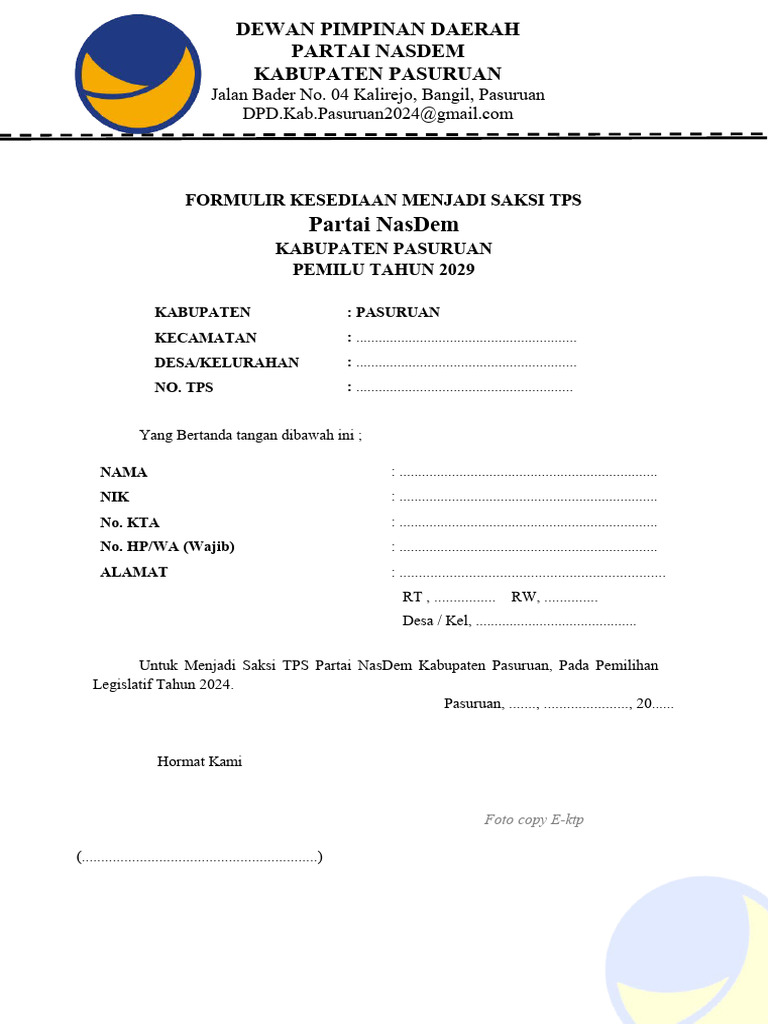 Formulir Kesediaan Menjadi Saksi TPS | PDF Formulir Kesediaan Menjadi Saksi TPS | PDF