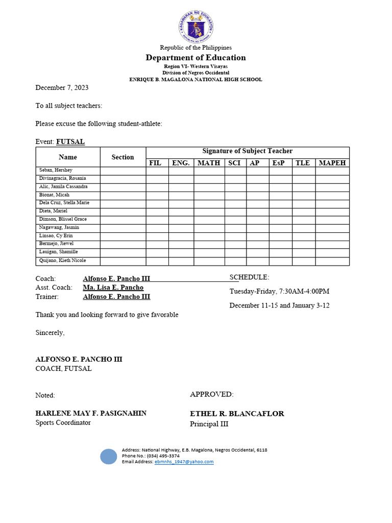 EXCUSE-LETTER-FOR-STUDENT-ATHLETE | PDF