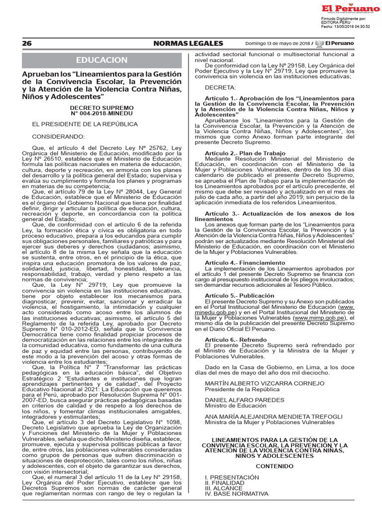 Texto. Lineamientos para La Gestión de La Convivencia Escolar, La Prevención y La Atención de La ...