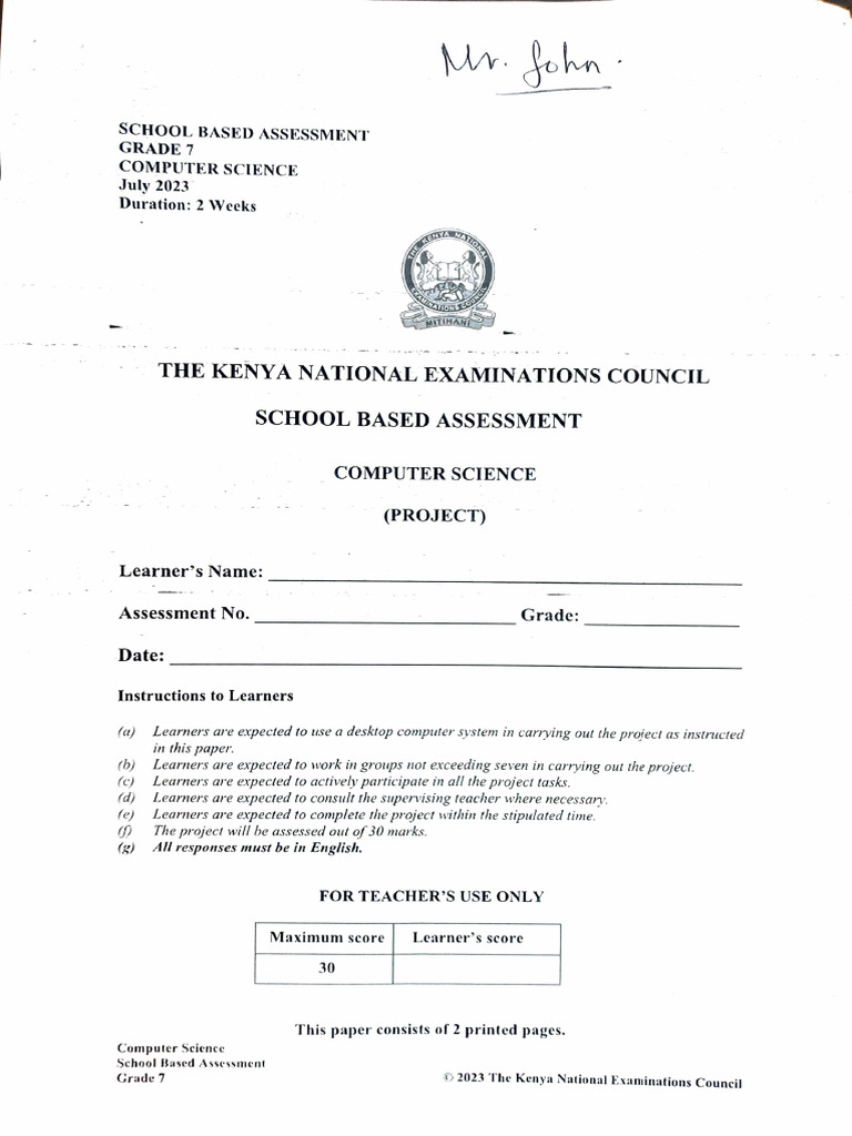 KNEC Computer Science Project- Grade 7 2023 | PDF