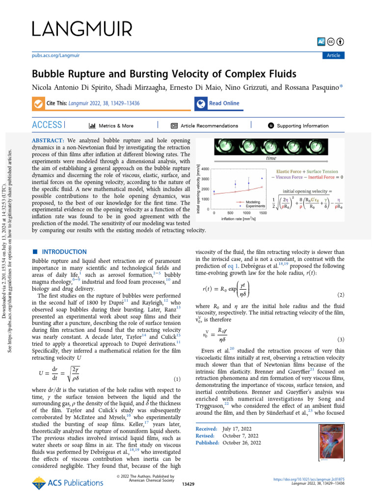 Di Spirito Et Al 2022 Bubble Rupture and Bursting Velocity of Complex Fluids | PDF | Viscosity ...