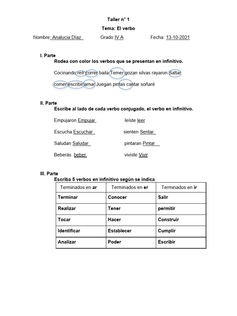 ANALUCIA YIRE DIAZ HERNANDEZ - Taller N°1 El Verbo | PDF | Artes del ...