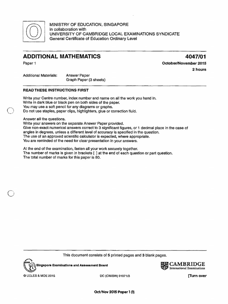 2015 Additional Mathematics | PDF | Trigonometric Functions | Cartesian ...