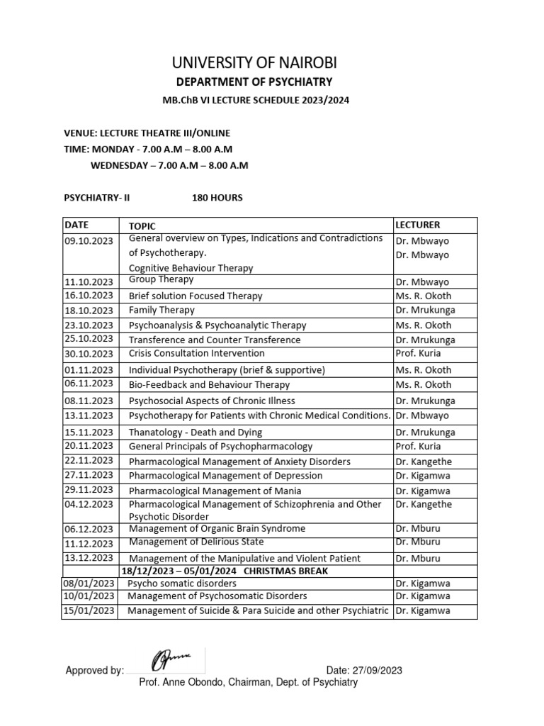 6TH Year Lecture Schedule 2023. 2024 | PDF | Mental Disorder | Psychiatry