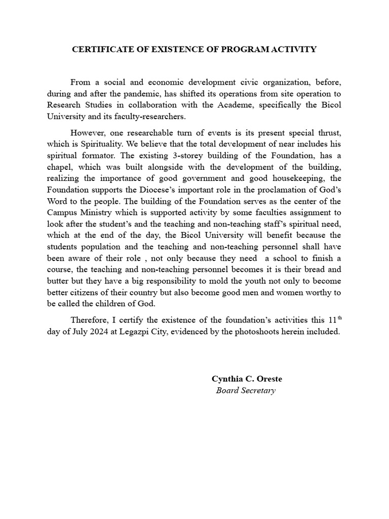 Certificate of Existence for Program Activity | PDF | Career & Growth ...