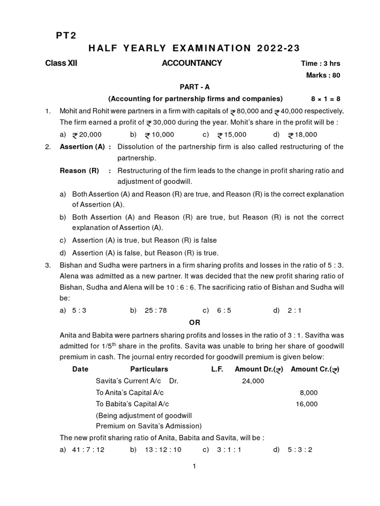 Half Yearly Examination 2022-23 PT2: Class XII Accountancy | PDF ...